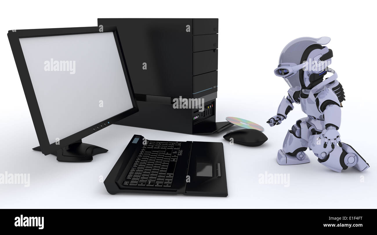 3D render of a Robot with a computer Stock Photo - Alamy