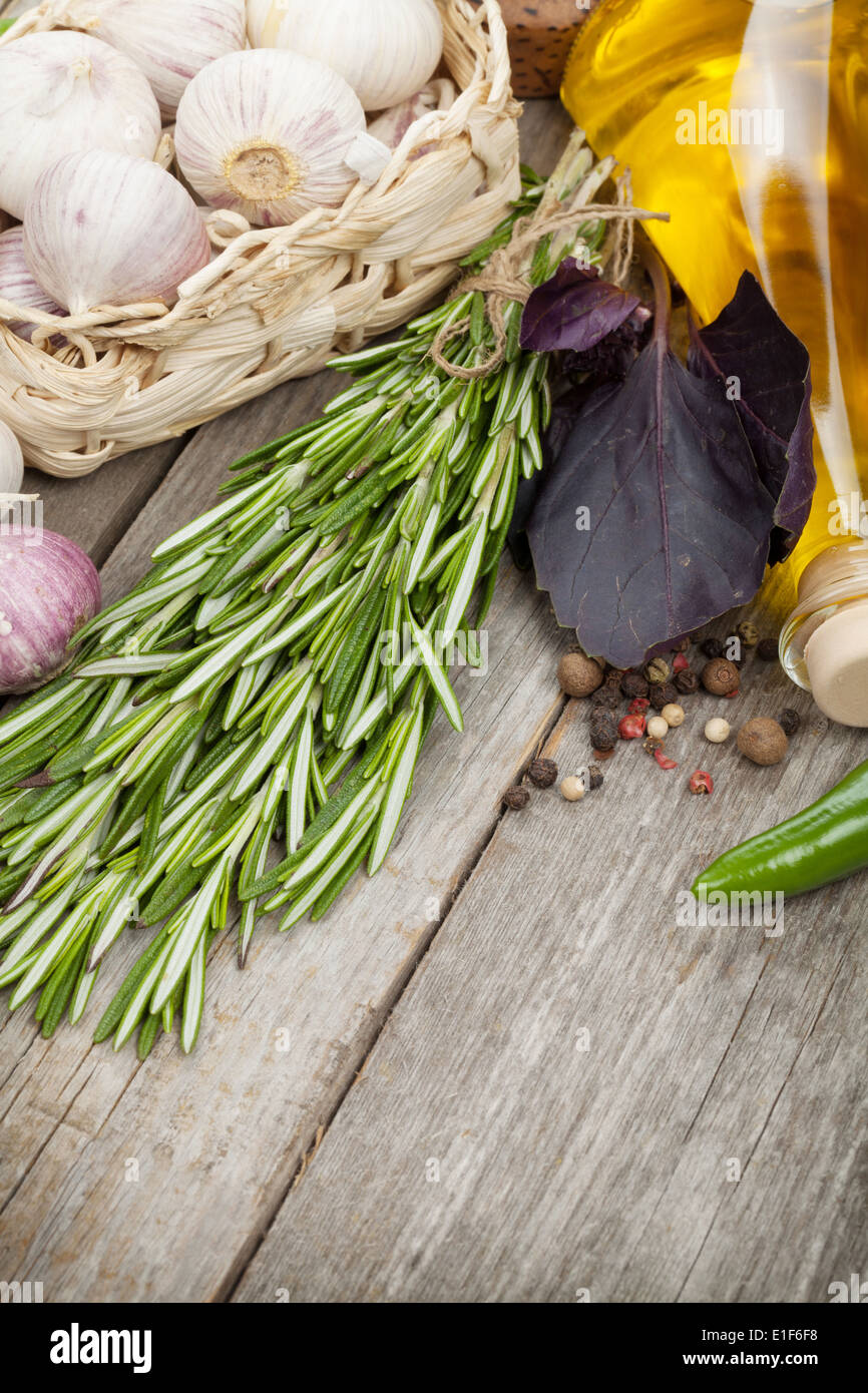 Herbs, spices and seasoning on wooden table background with copy space ...