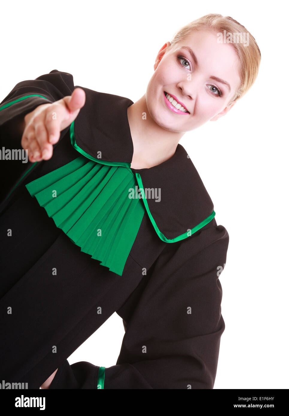 Law. Woman lawyer in polish gown inviting welcome Stock Photo - Alamy