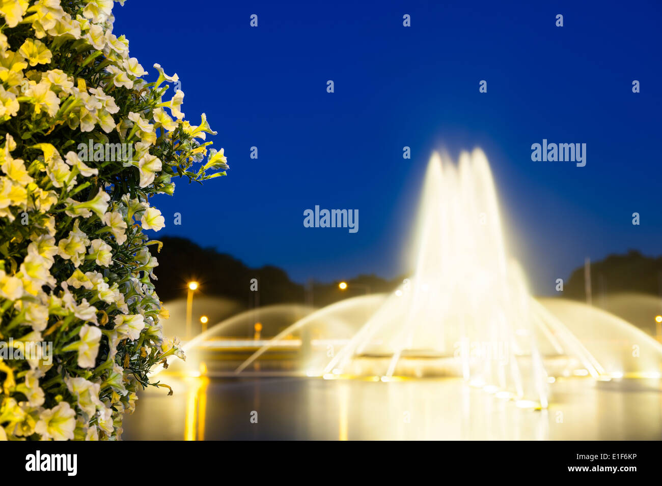 The famous Europaplatz fountain in Aachen, Germany at night with focus ...