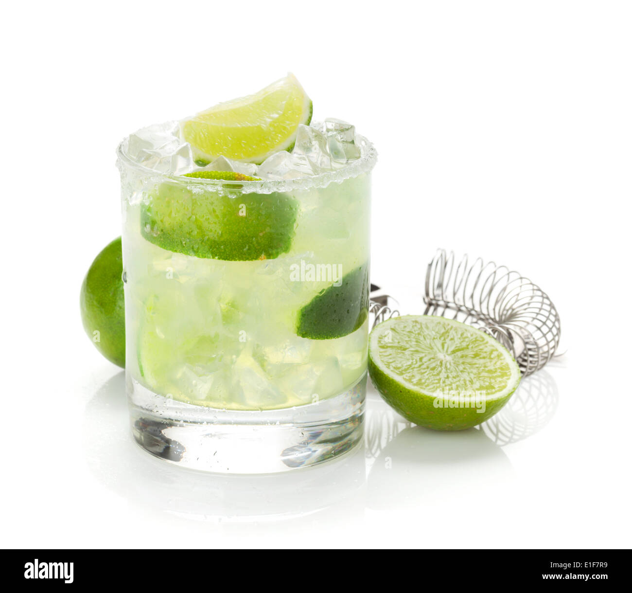 Classic margarita cocktail with lime and salty rim. Isolated on white ...