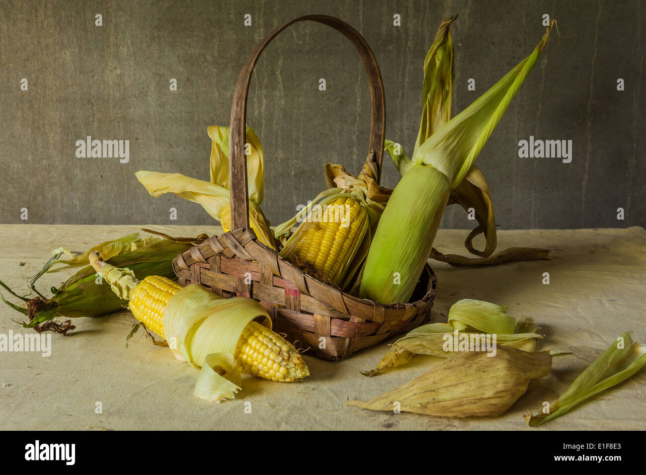 Ripe corn in basket hi-res stock photography and images - Alamy