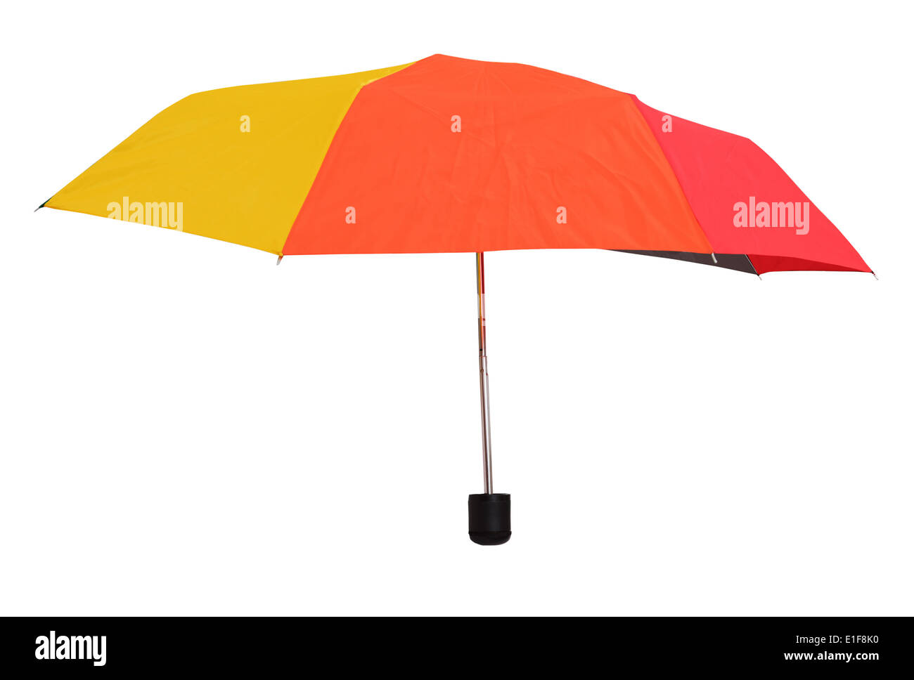 side view of open multicolored umbrella isolated on white background ...