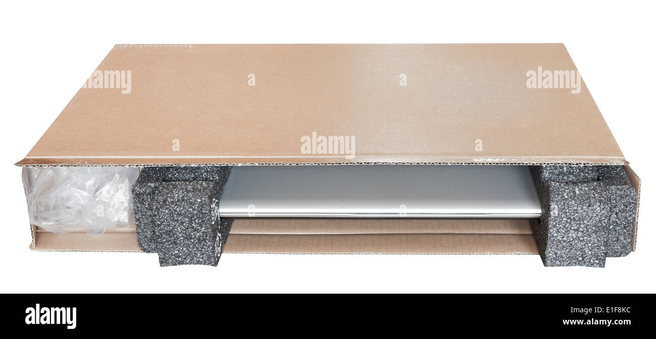 open carton box with new laptop isolated on white background Stock ...