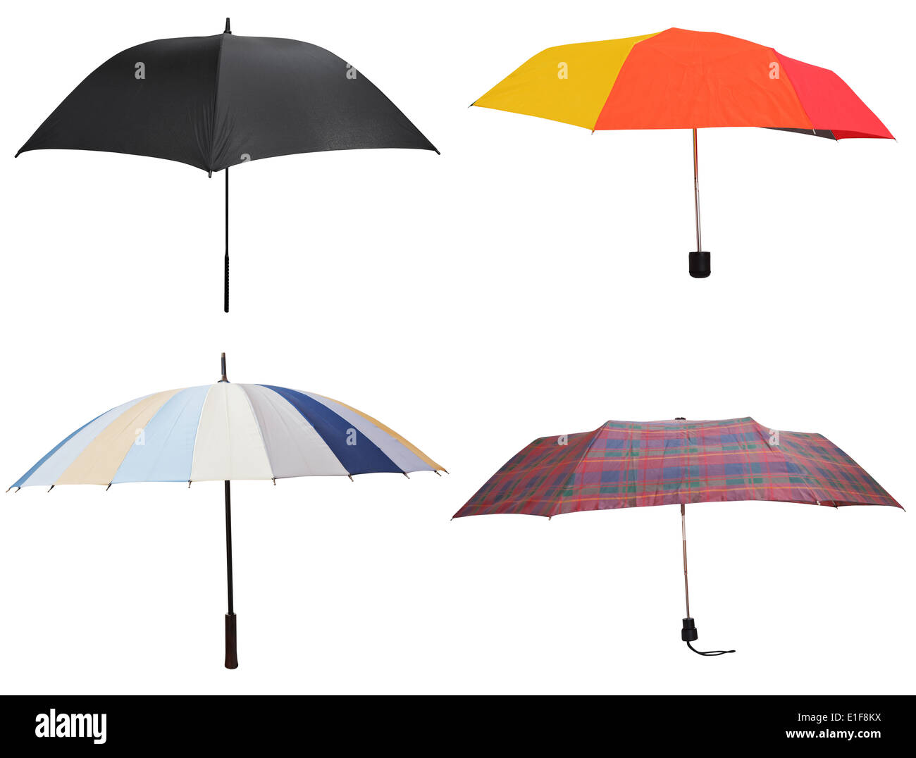 side view of four different open umbrellas isolated on white background ...