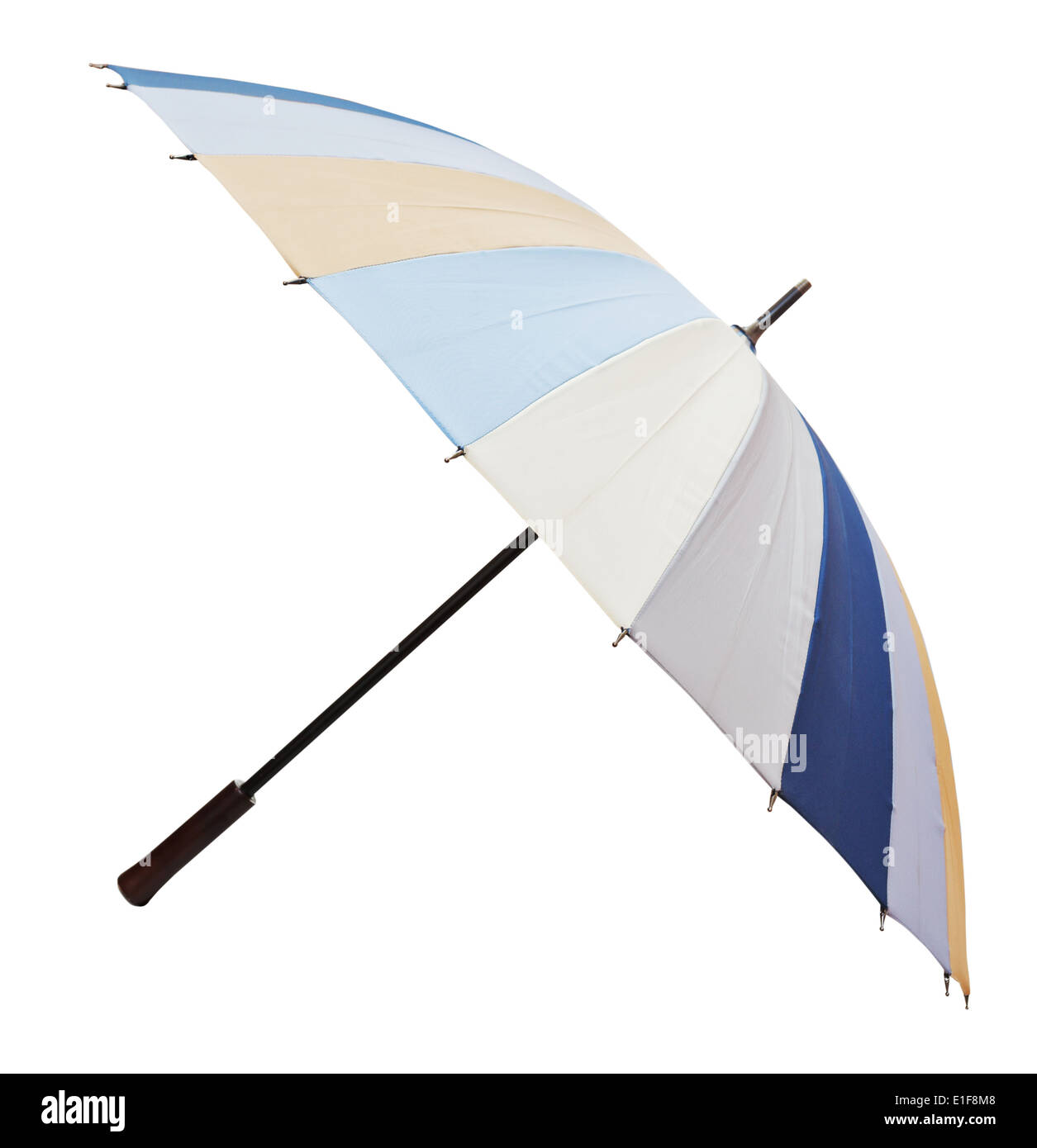 side view of open striped umbrella isolated on white background Stock ...