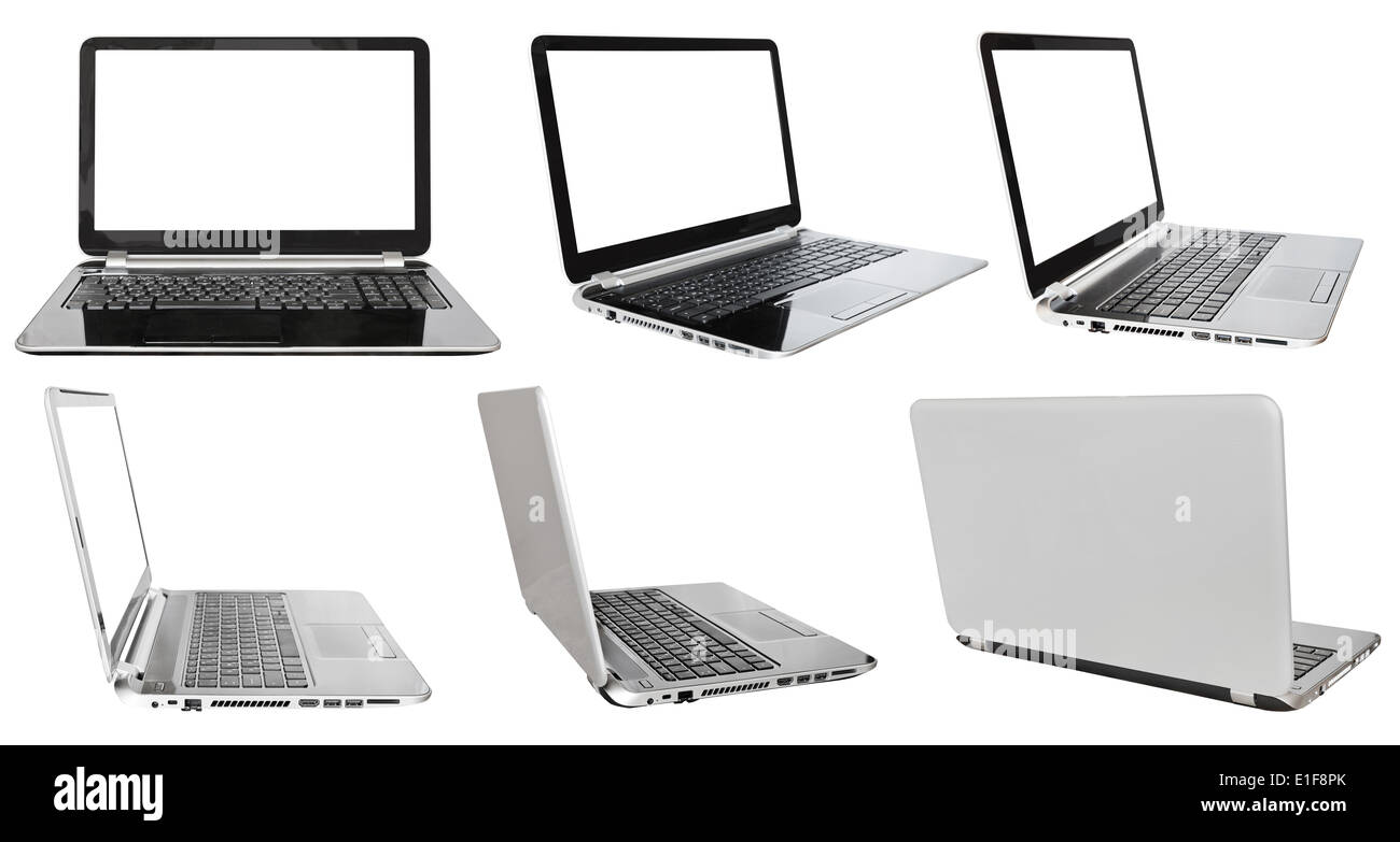 set of laptops with cut out screens isolated on white background Stock ...