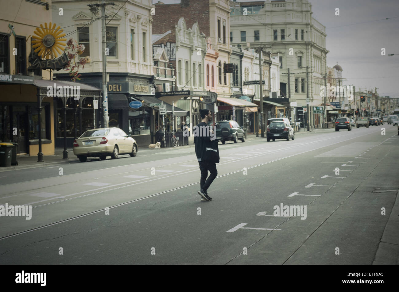 Pedestrian Man Crossing Road Brunswick Street Fitzroy Melbourne ...