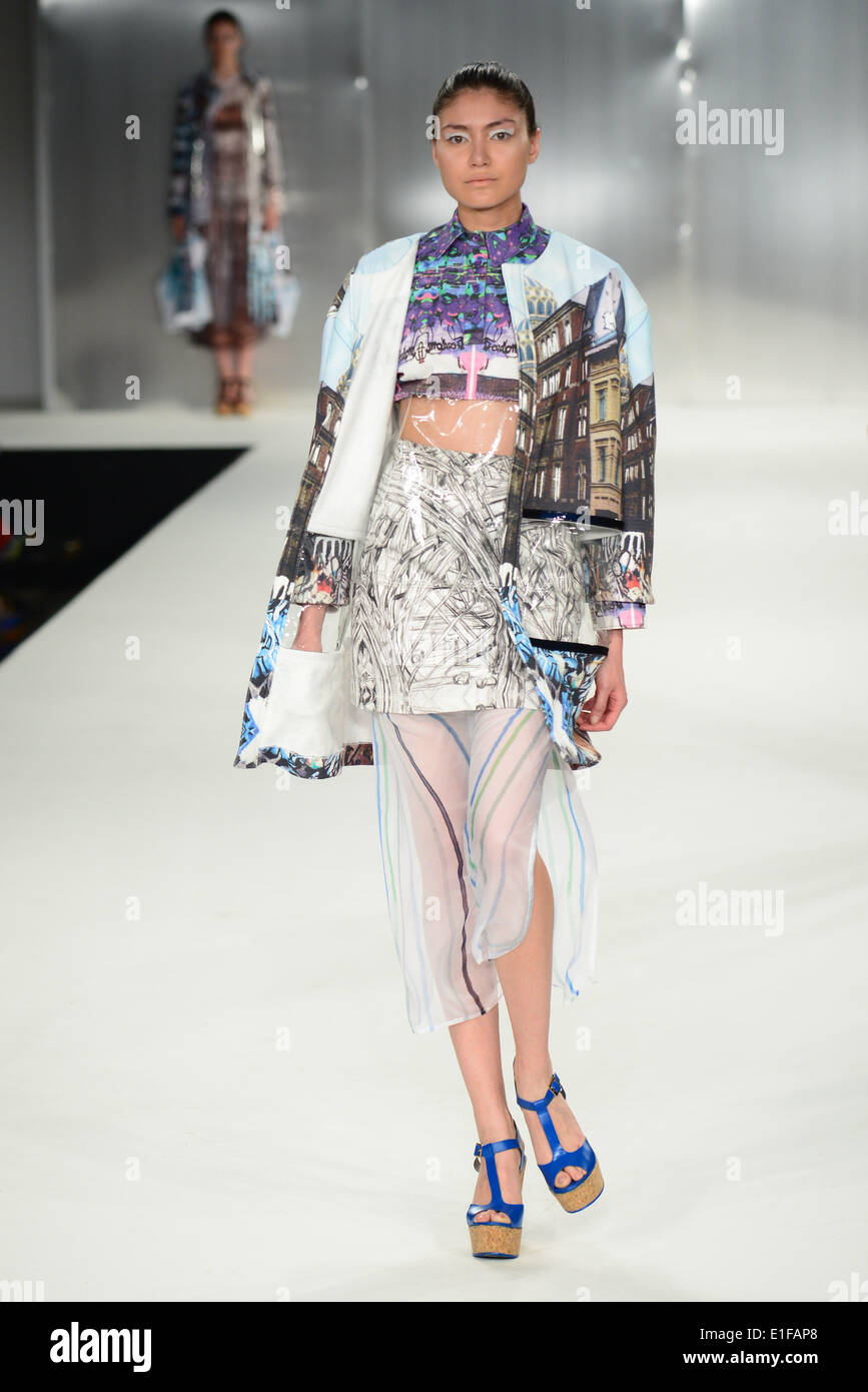 London, UK. 2nd June 2014. Model wearing a Hannah Colledge designed ...