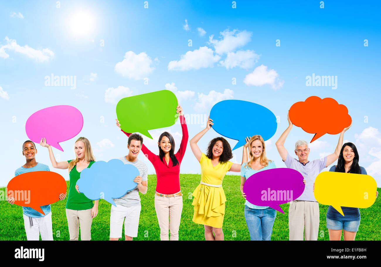 Group of Diverse Multiethnic People Outdoors Holding Colorful Speech ...