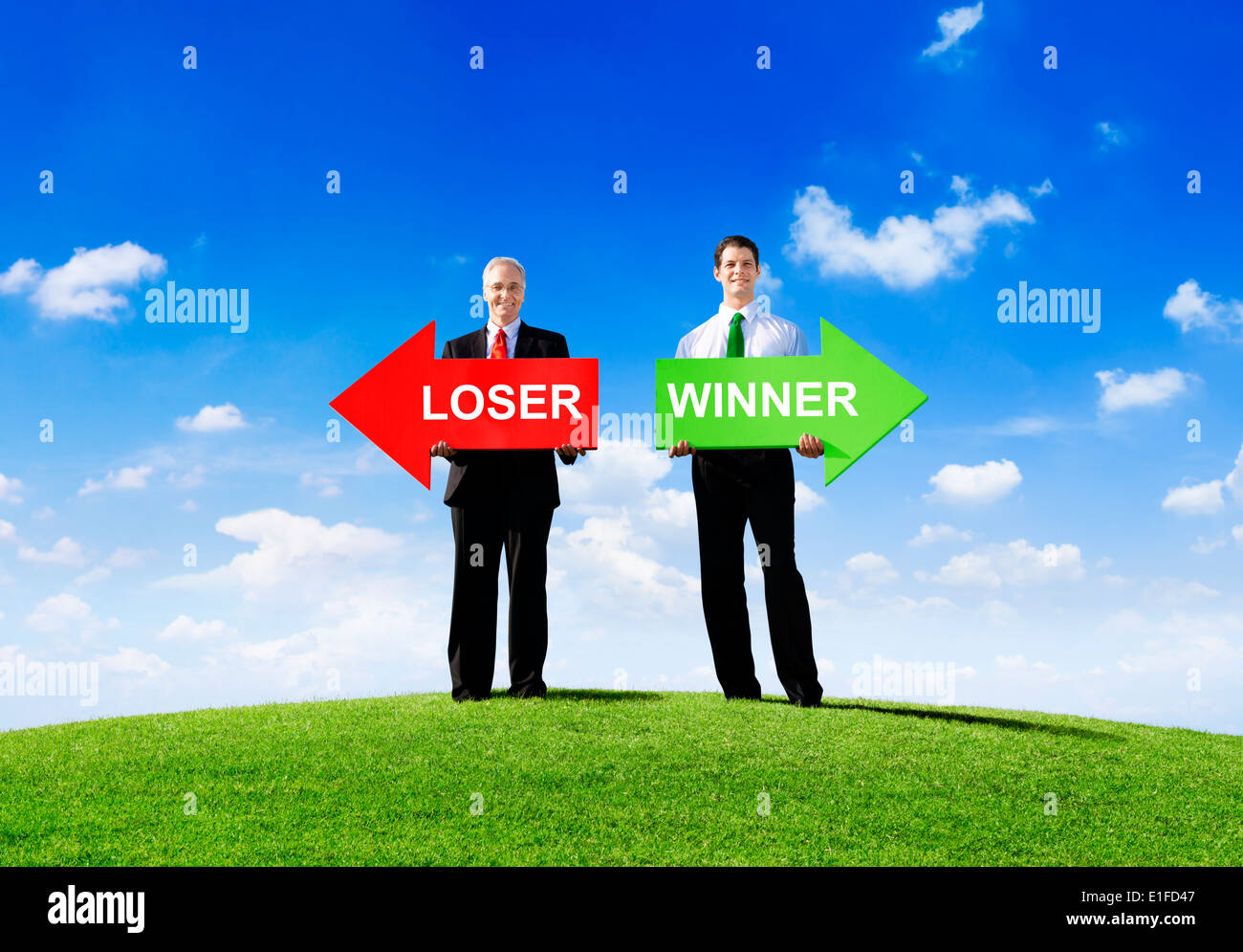 Two Businessmen Holding Contrasting Arrows for Loser and Winner Stock ...