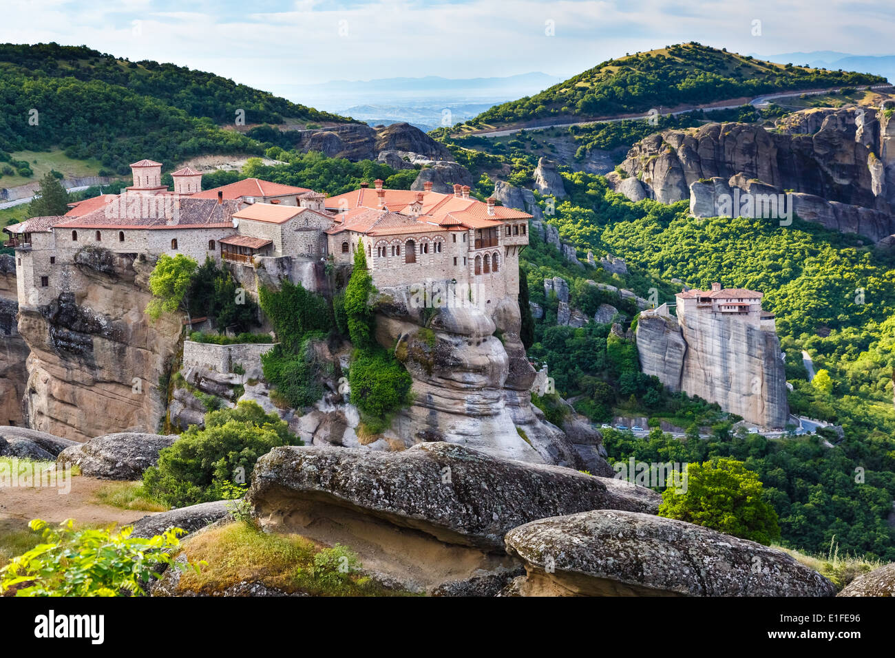 Roussanou and Varlaam Monastery in Meteora rocks, meaning "suspended ...