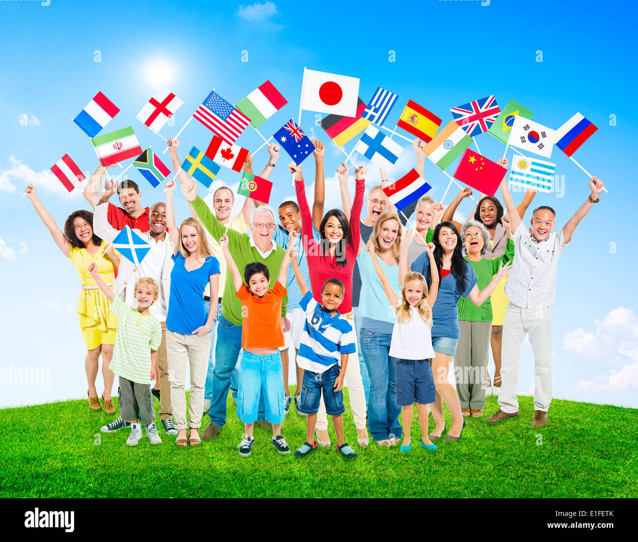 Multiethnic People Holding National Flags of the World Stock Photo - Alamy
