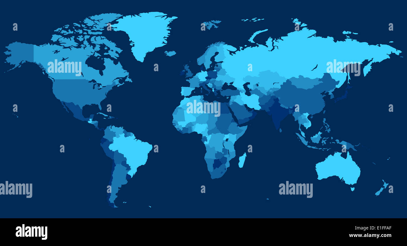World map with countries on blue background Stock Photo - Alamy
