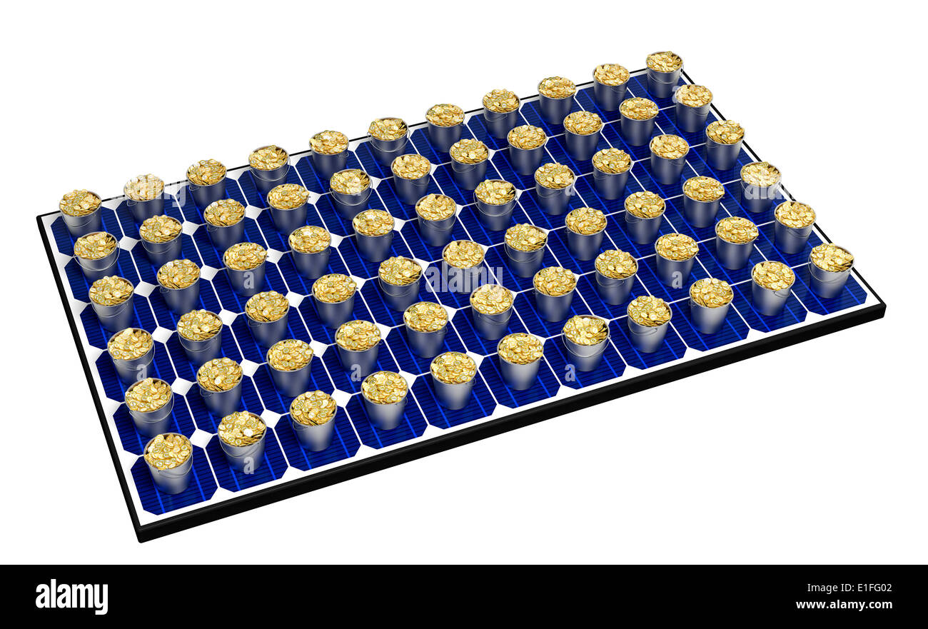 Solar Panel with buckets filled with coins Stock Photo - Alamy