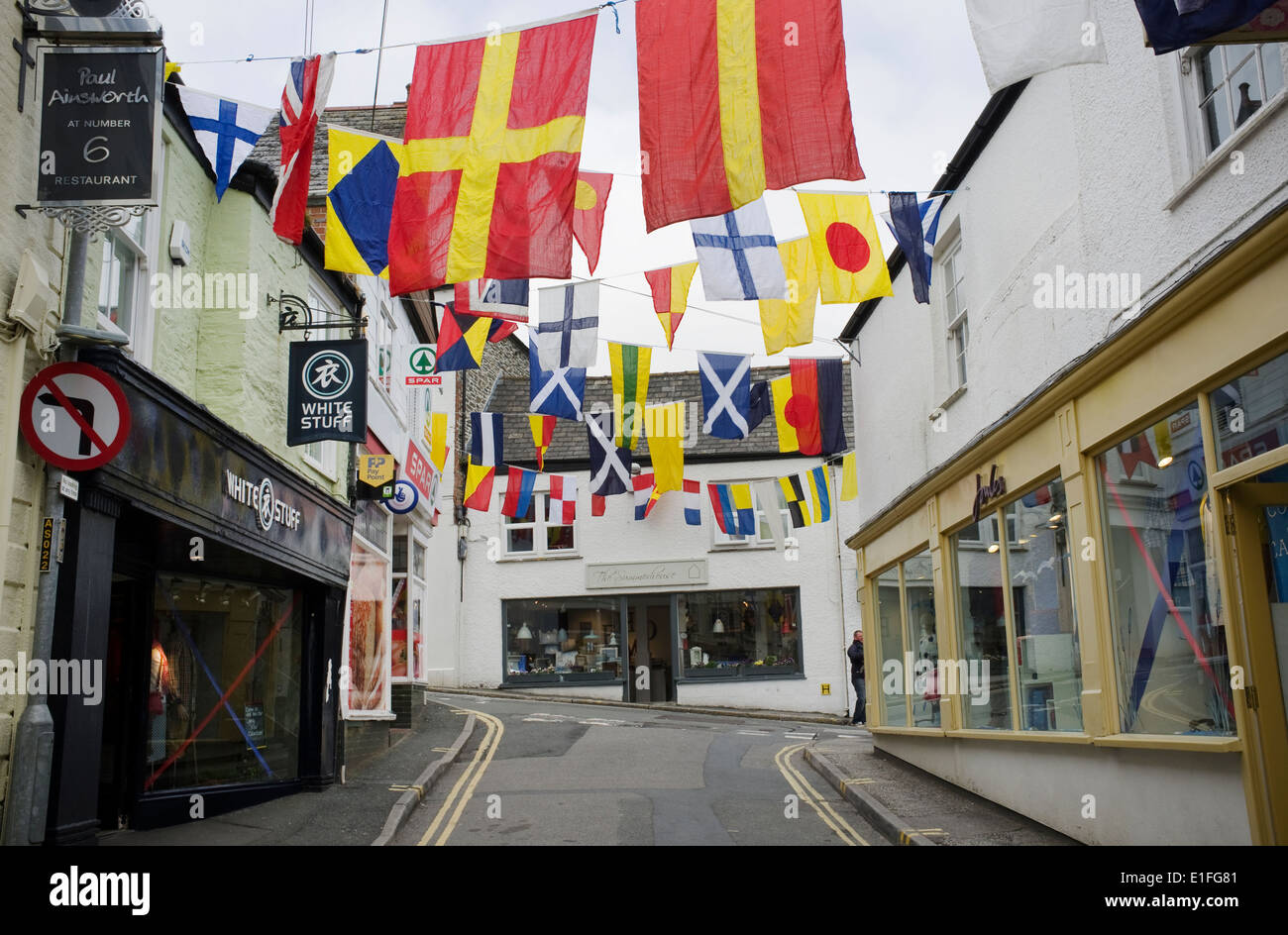 Flags strung across the streets of Padstow for the May Day celebrations ...