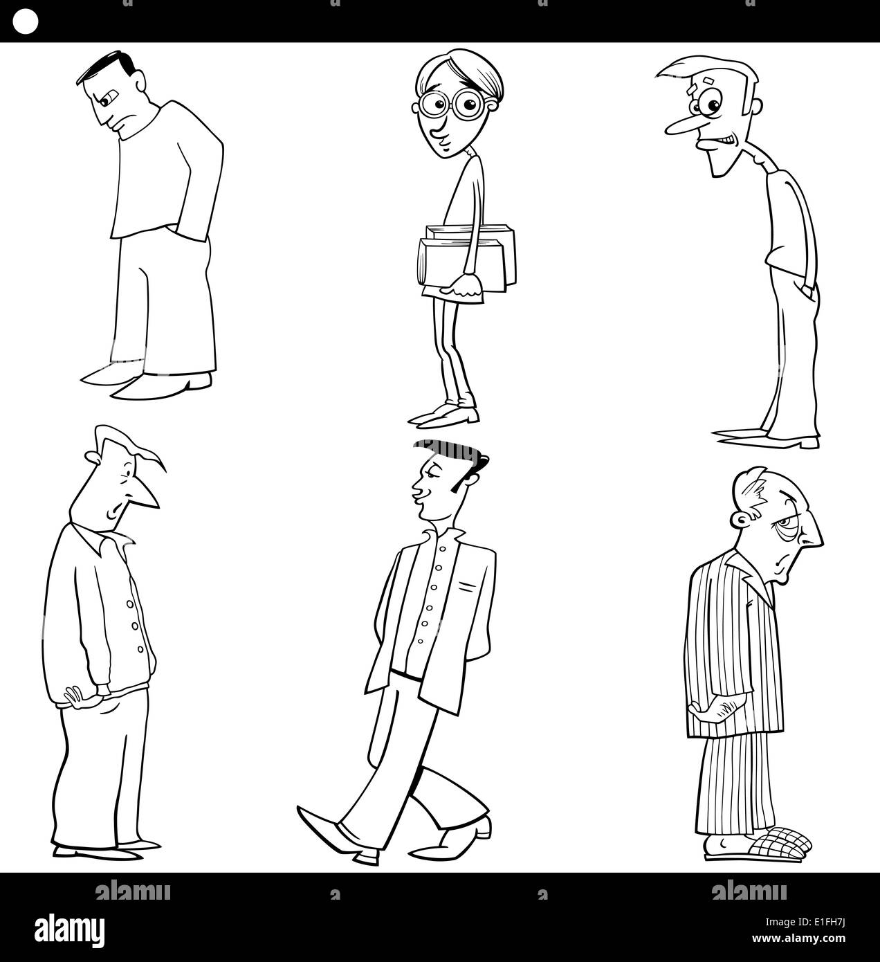Black and White Cartoon Illustration Set of Comic Men Characters for ...