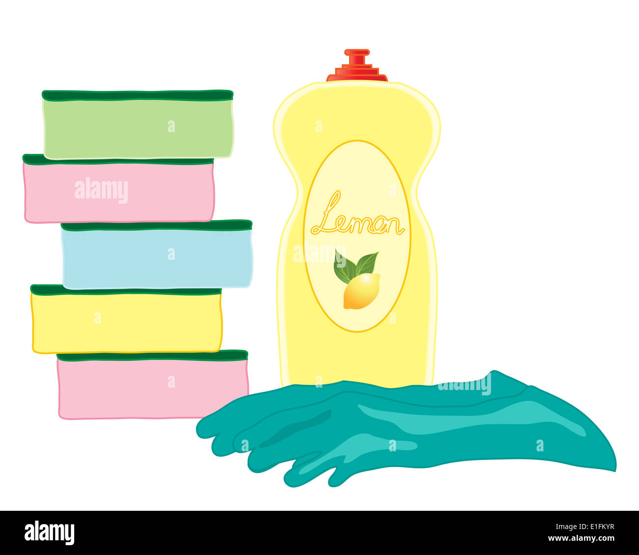 an illustration of colorful washing up sponges a bottle of lemon ...