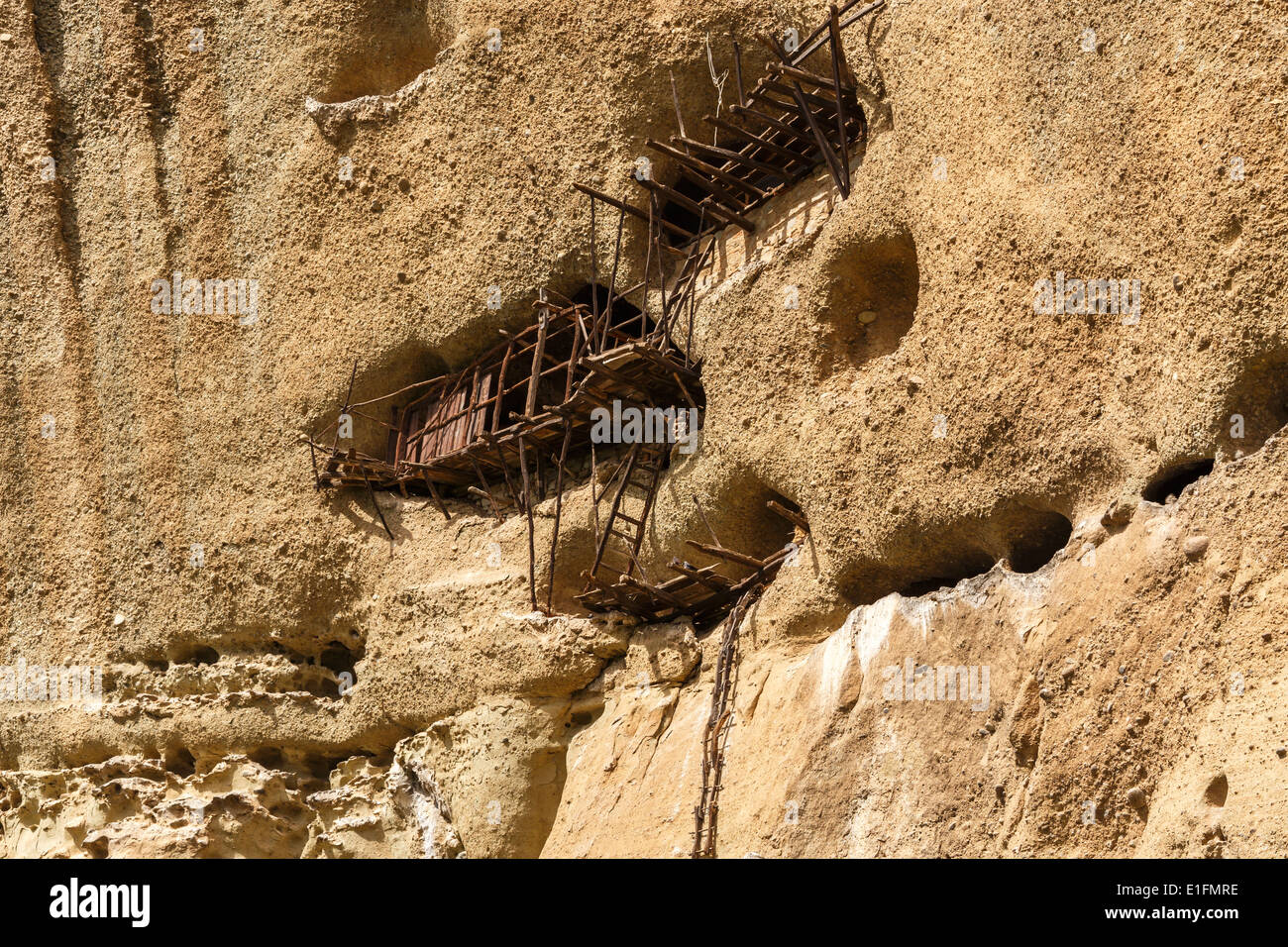 Abandoned monastic cave houses known as "cells" in Meteora (meaning ...