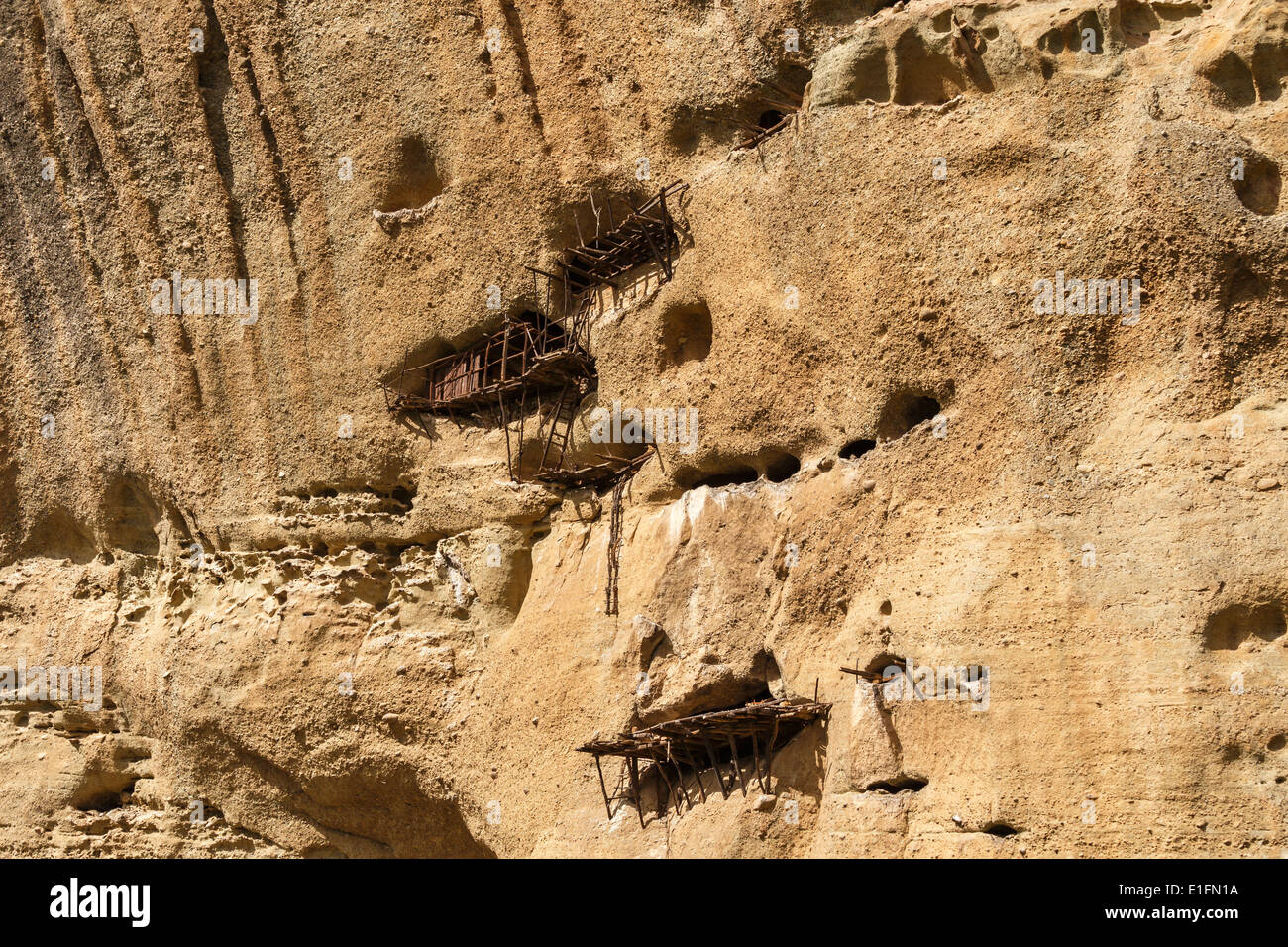 Abandoned monastic cave houses known as "cells" in Meteora (meaning ...