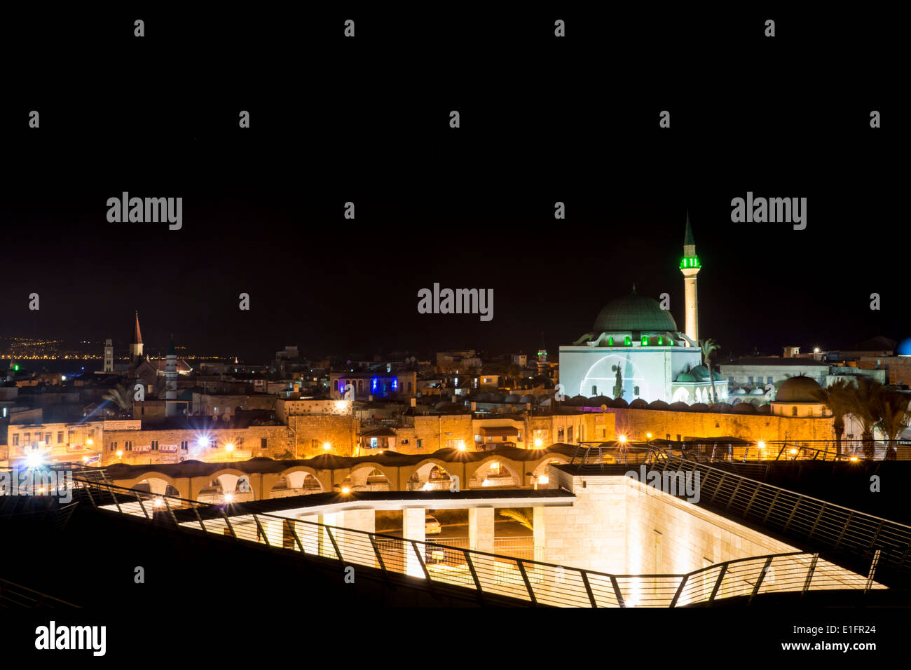 Israel. The city of Acre at night. The Al-Jezzar Mosque is seen on the ...