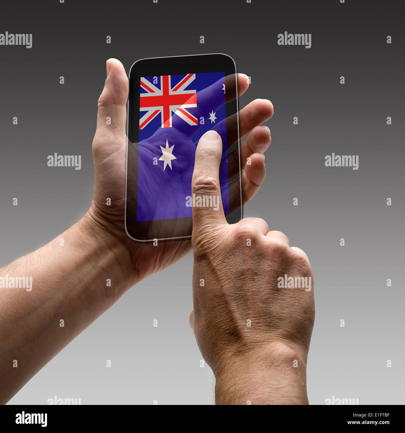 Holding Australia flag screen smart phone. There is a route for hand ...