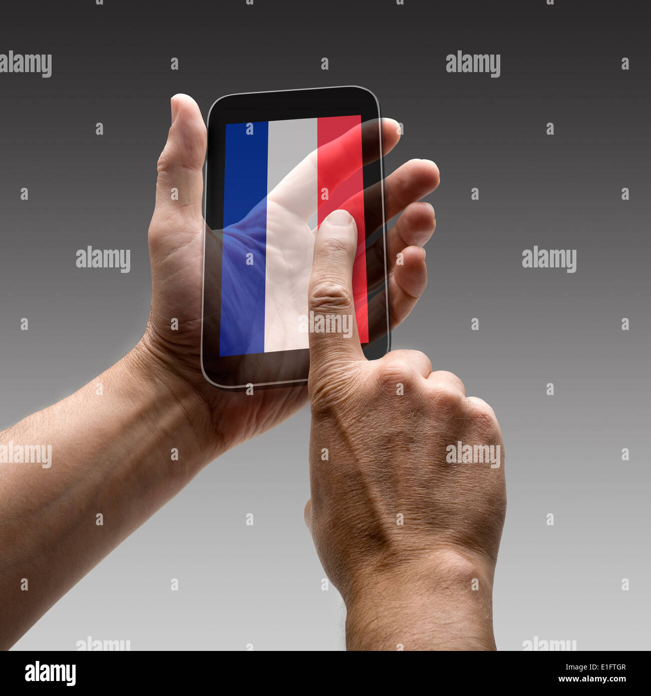 Holding French flag screen smart phone. There is a route for hand and ...
