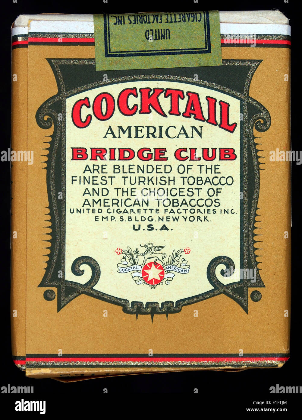 This image shows the back of a Cocktail Bridge Club cigarette pack, a ...