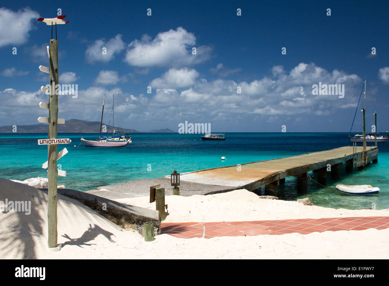 Palm Island Beach with Jetty, Sign Post, Turquoise Caribbean Ocean ...