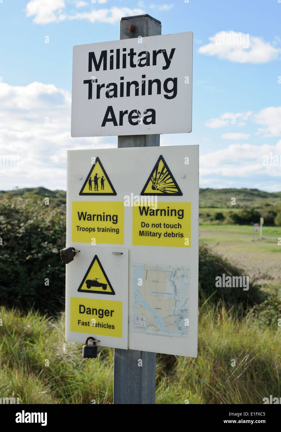 Military training area warning signs on Braunton Burrows near Saunton ...
