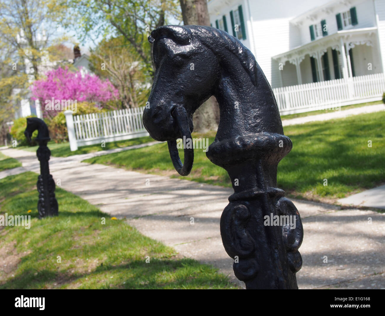 Horse shaped hitching post in front of Oysterponds Historical Society ...