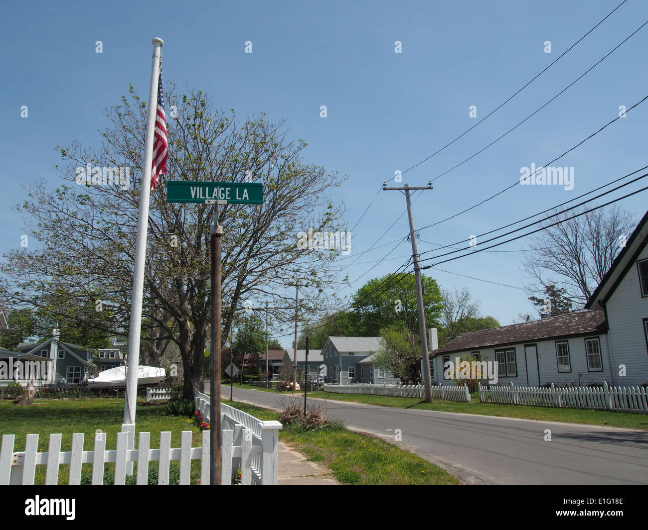 Corner of Village Lane and King Street in Orient, New York, USA, May 12 ...