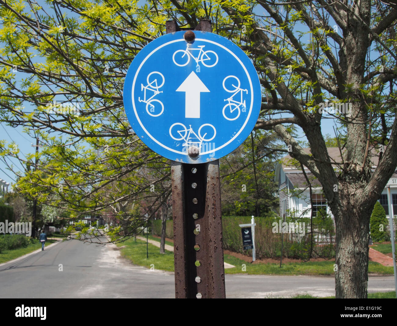 Bicycle path sign posted on Village Lane in Orient, New York, USA, May ...