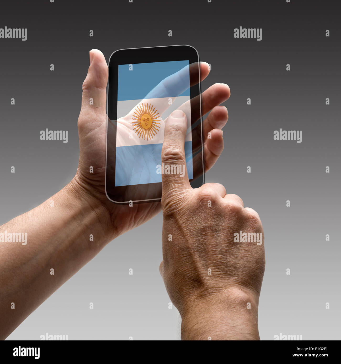 Holding Argentina flag screen smart phone. There is a route for hand ...