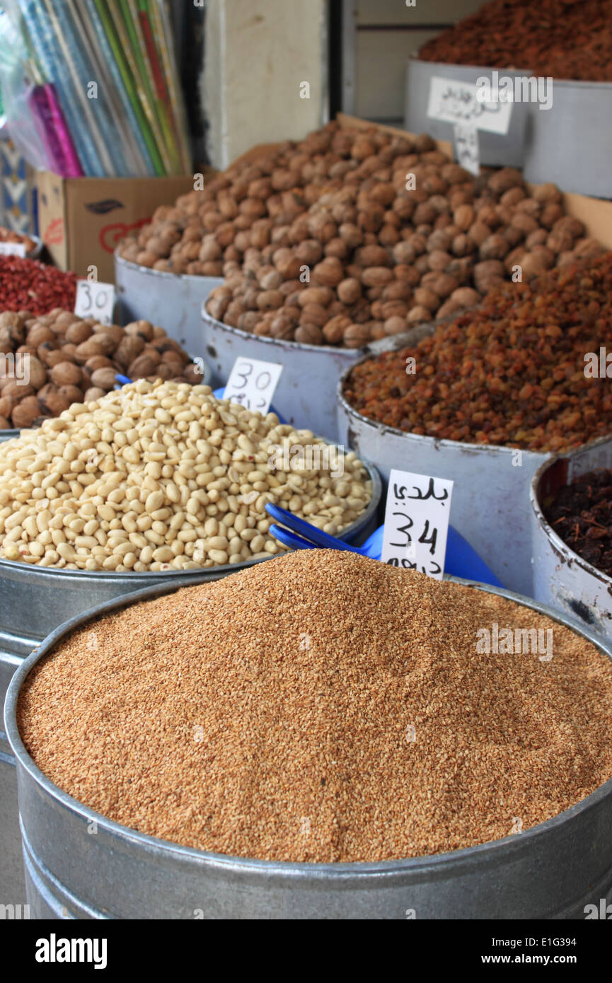 Dried fruits and legumes at a market stall in Morocco Stock Photo - Alamy