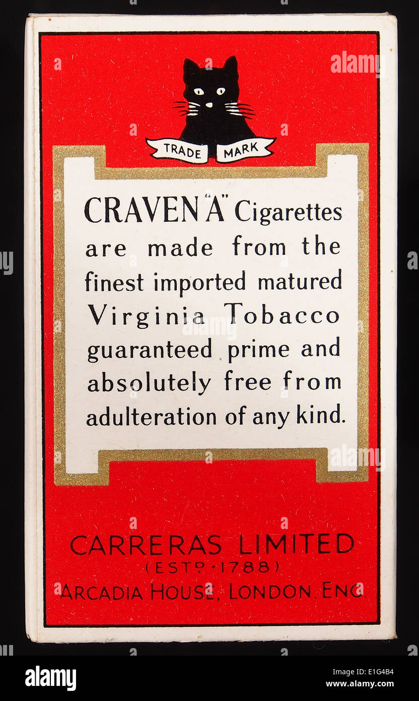 The image depicts the back of a small pack of Craven A cigarettes. The ...