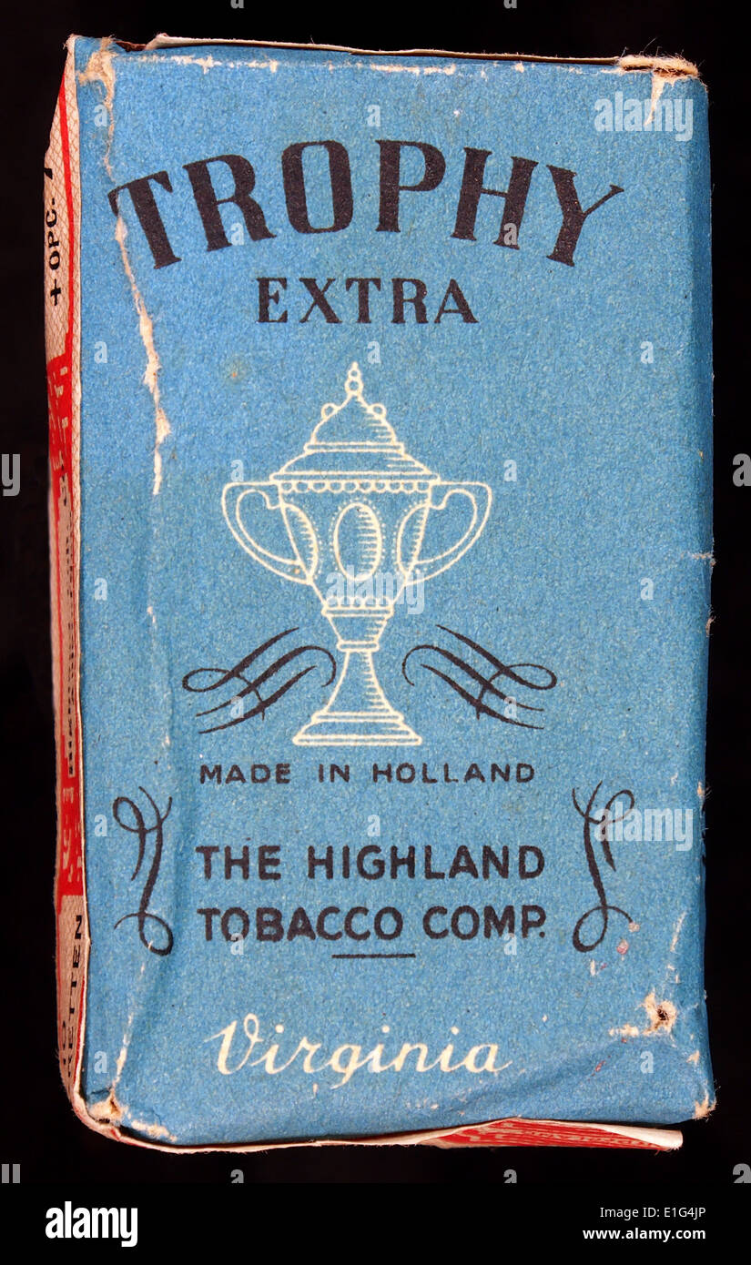 The back view of a Trophy cigarettes pack, displaying branding and ...