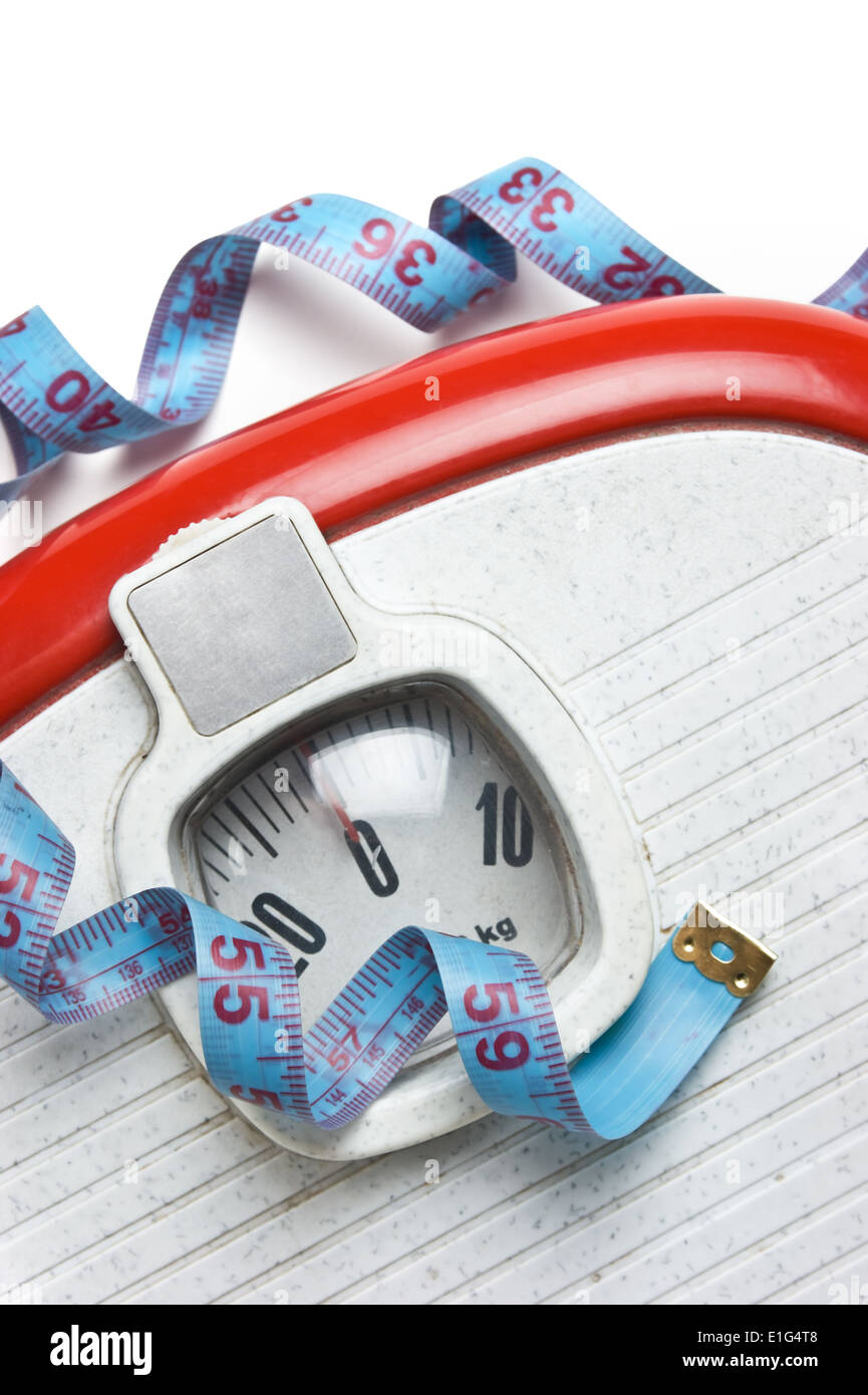 measuring tape and floor scales isolated on white Stock Photo - Alamy
