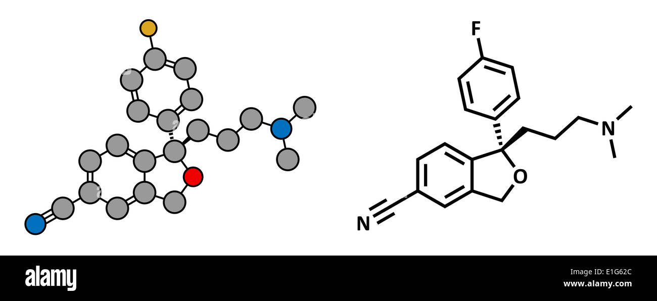 Escitalopram antidepressant drug (SSRI class), chemical structure ...