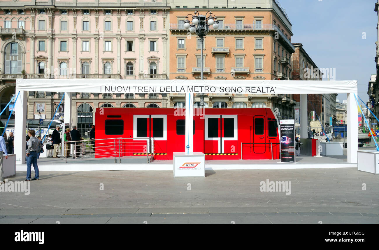 New subway train on display in Duomo Square in Milan, Italy Stock Photo ...