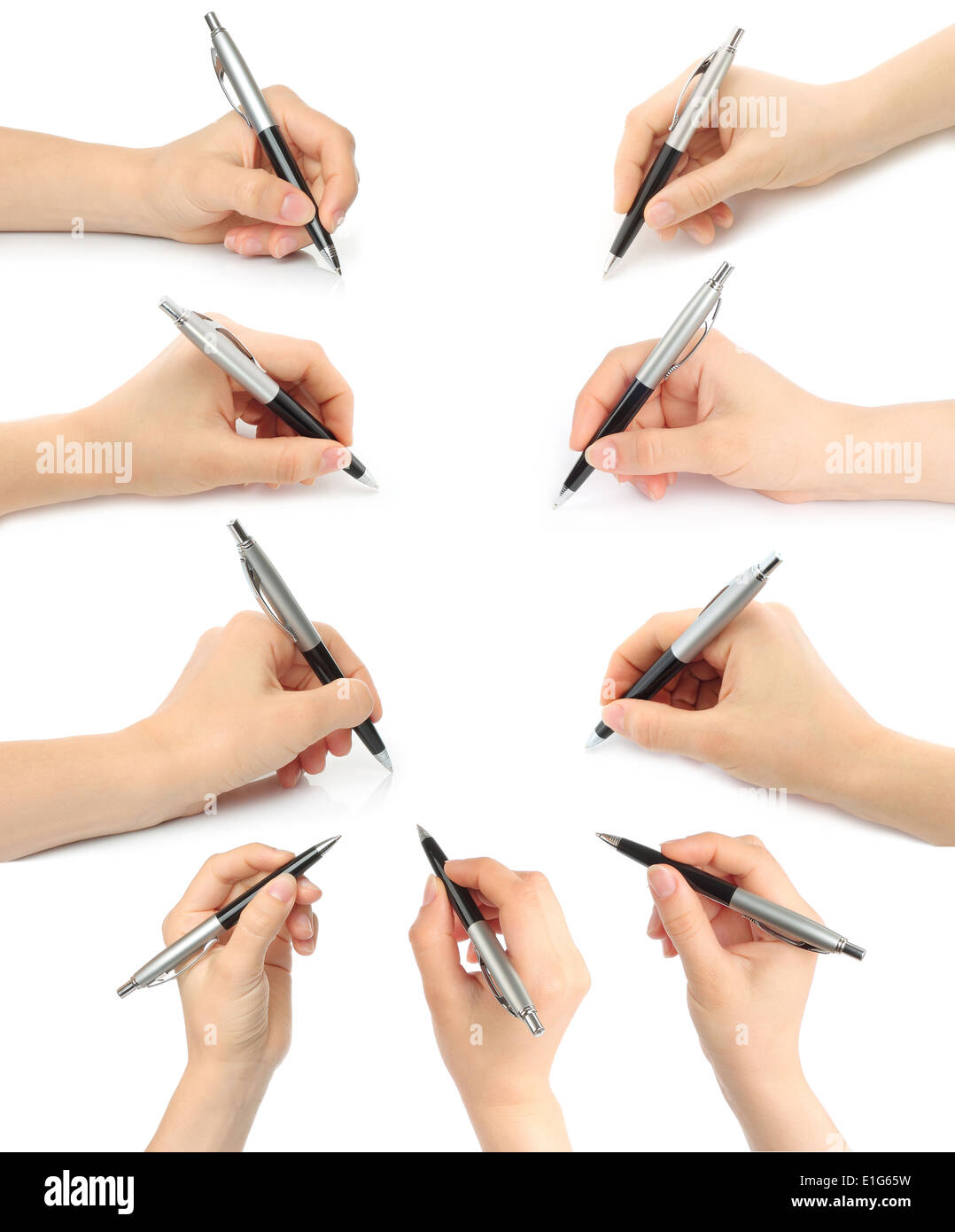 Collage of hands with pens on white background Stock Photo - Alamy