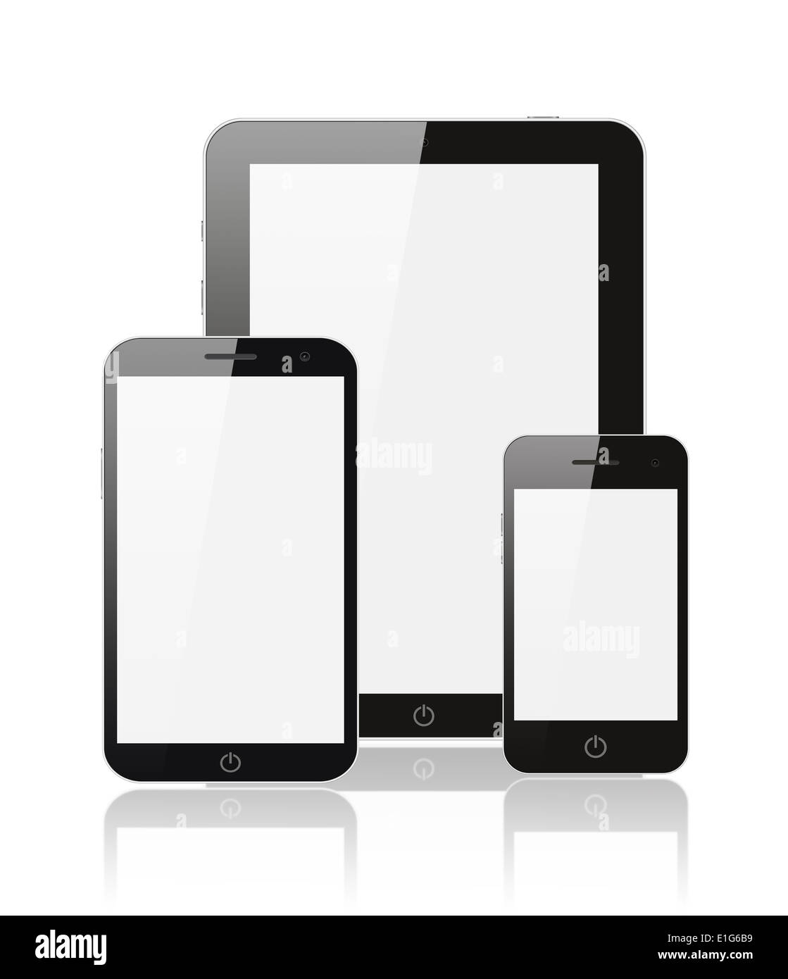 Modern realistic digital tablet PC with smart phones on white ...