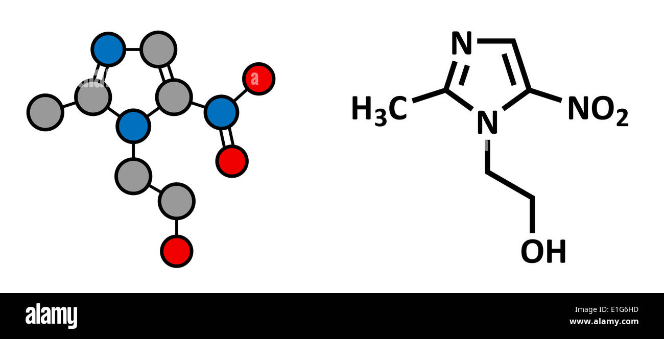 Metronidazole antibiotic drug (nitroimidazole class), chemical structure. Conventional skeletal ...