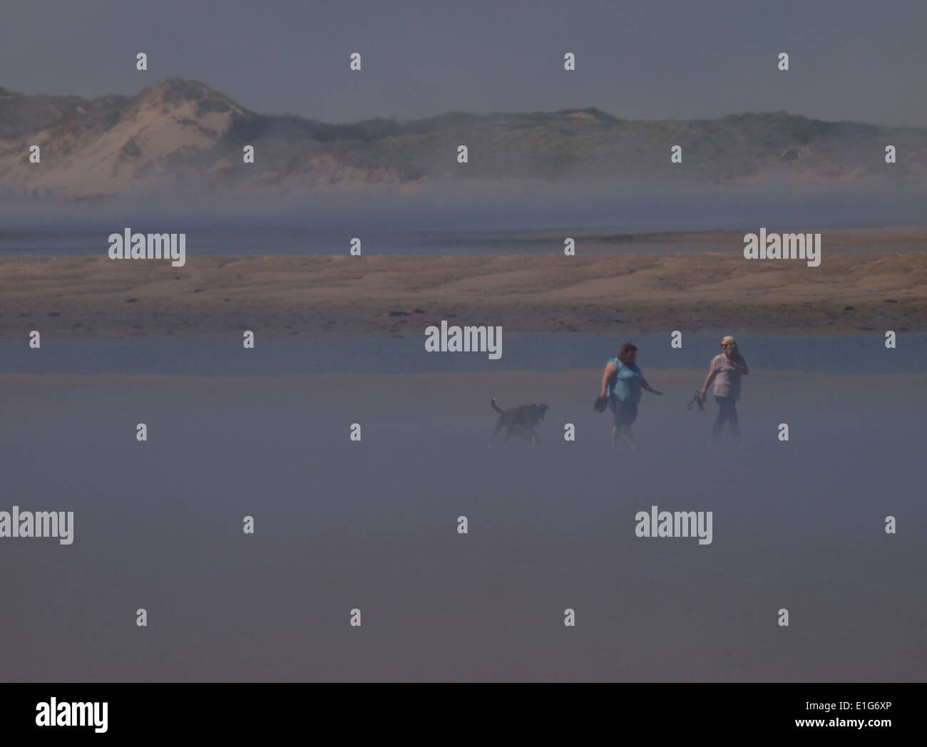 Two women dog walking on Instow beach in the fog, Devon, UK Stock Photo ...