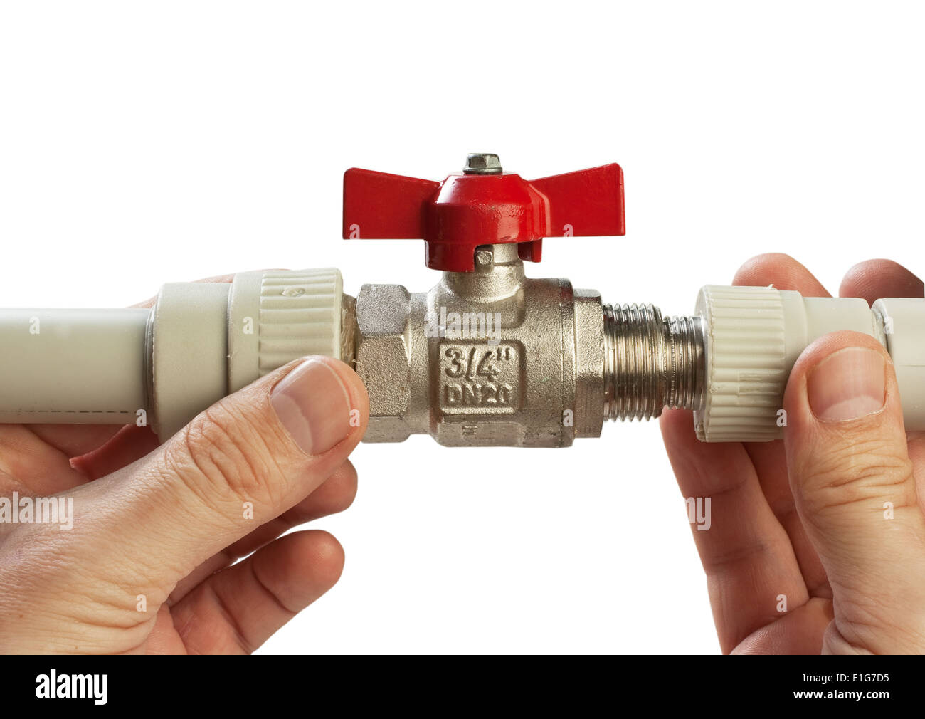 Set plumbing fittings in his hand isolated on white Stock Photo - Alamy