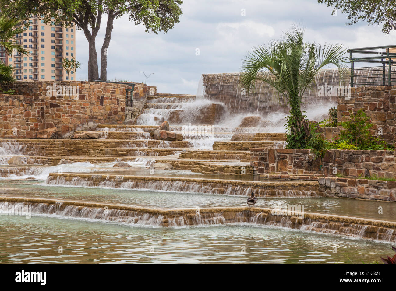 Beautiful waterfalls and rock gardens at the Tower of the Americas in ...