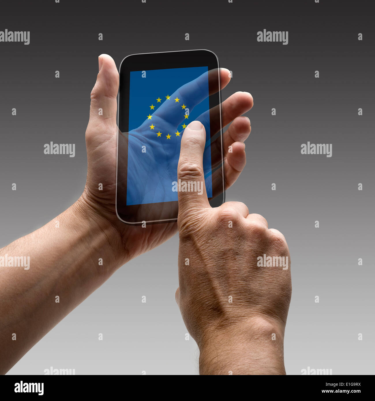 Holding Europe flag screen smart phone. There is a route for hand and ...