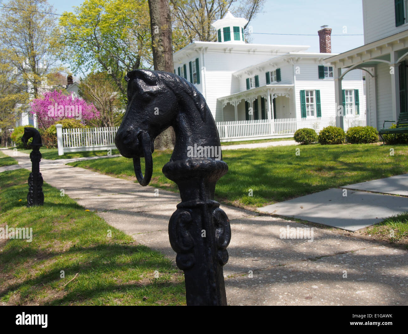 Horse shaped hitching post in front of Oysterponds Historical Society ...