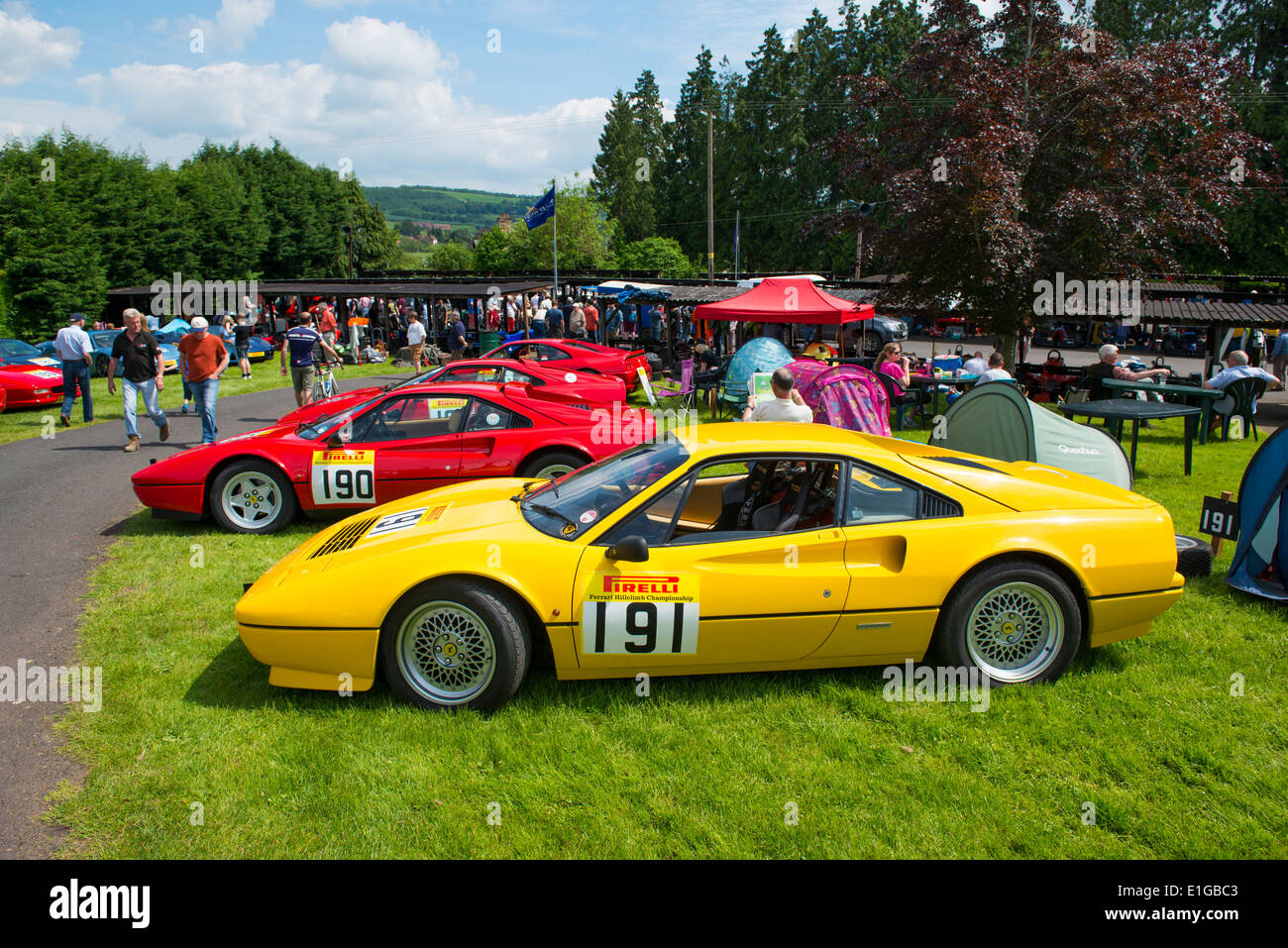 Ferrari sports cars in the paddock at Shelsley Walsh hill climb ...