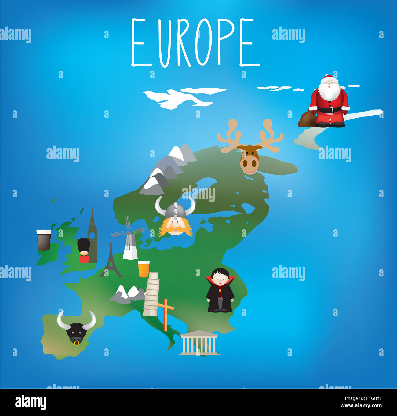 Detailed map of Europe in a child freindly style Stock Photo - Alamy